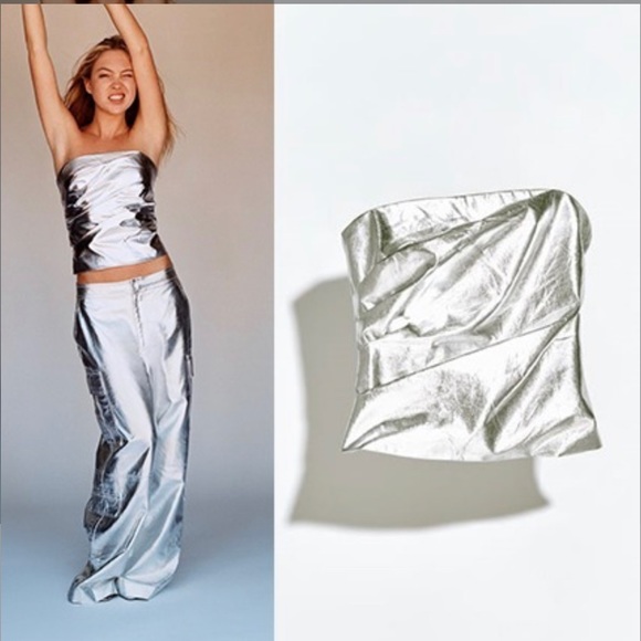 Zara | Tops | Zara Metallic Poplin Draped Tube Top | Poshmark